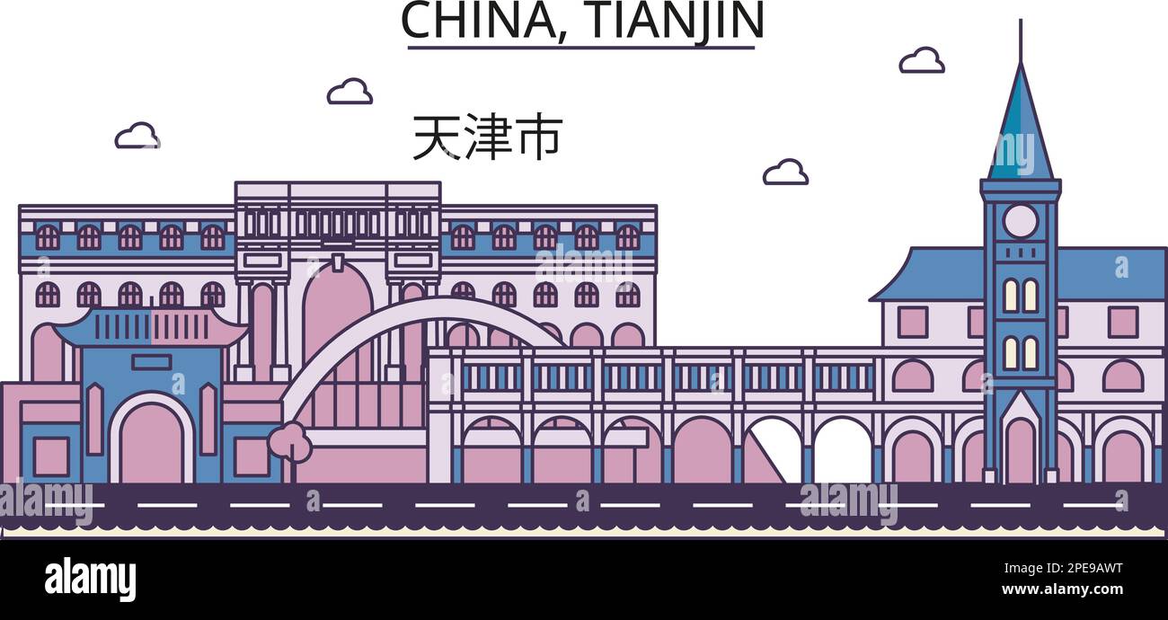 China, Tianjin City tourism landmarks, vector city travel illustration ...