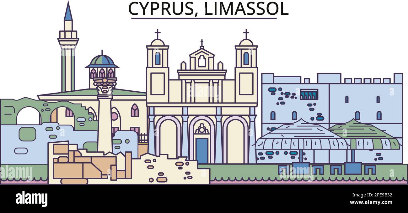 Cyprus, Limassol tourism landmarks, vector city travel illustration ...