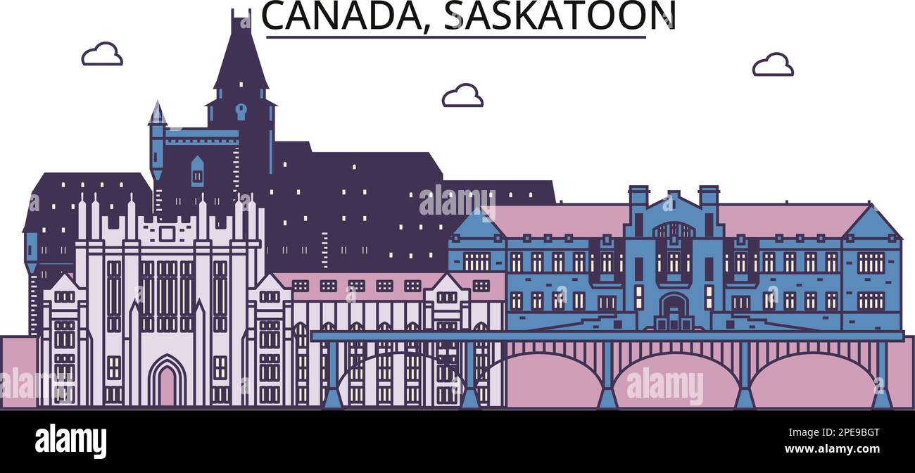 Canada, Saskatoon tourism landmarks, vector city travel illustration ...