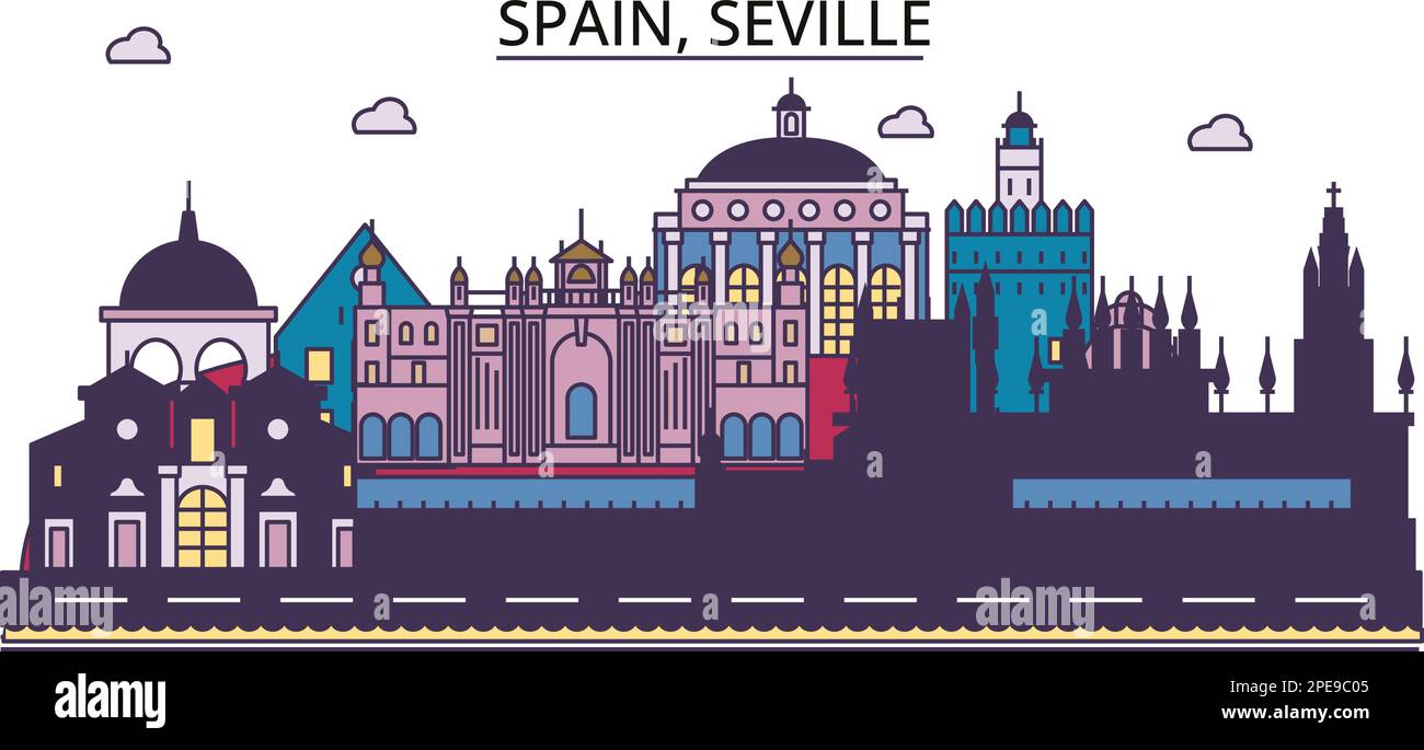 Spain, Seville tourism landmarks, vector city travel illustration Stock ...