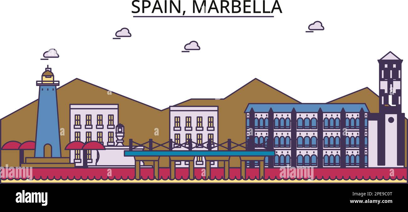 Spain, Marbella tourism landmarks, vector city travel illustration ...