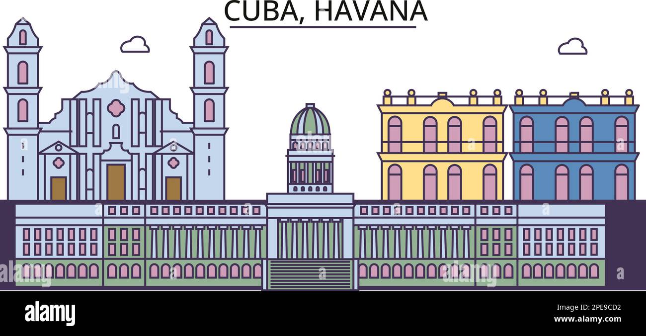 Cuba, Havana City tourism landmarks, vector city travel illustration ...