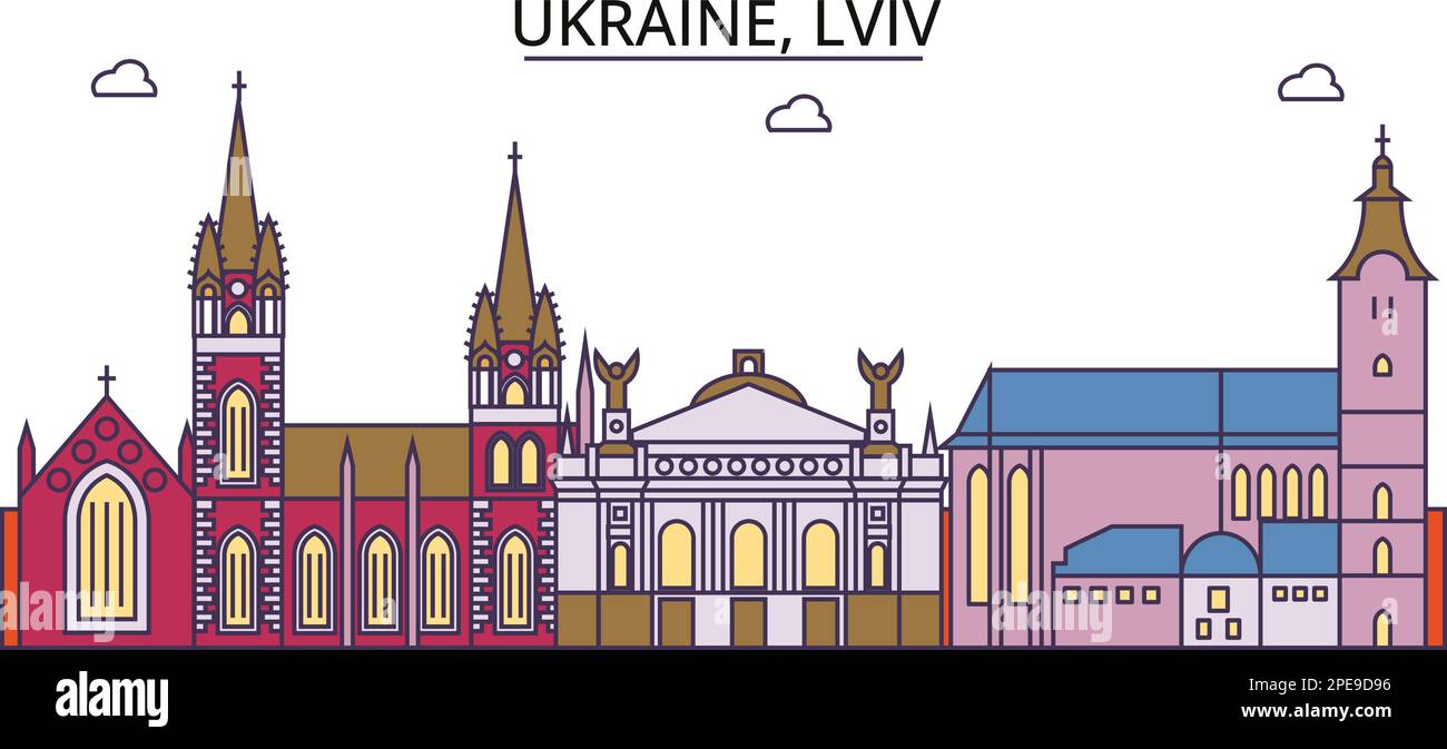 Ukraine, Lviv tourism landmarks, vector city travel illustration Stock ...