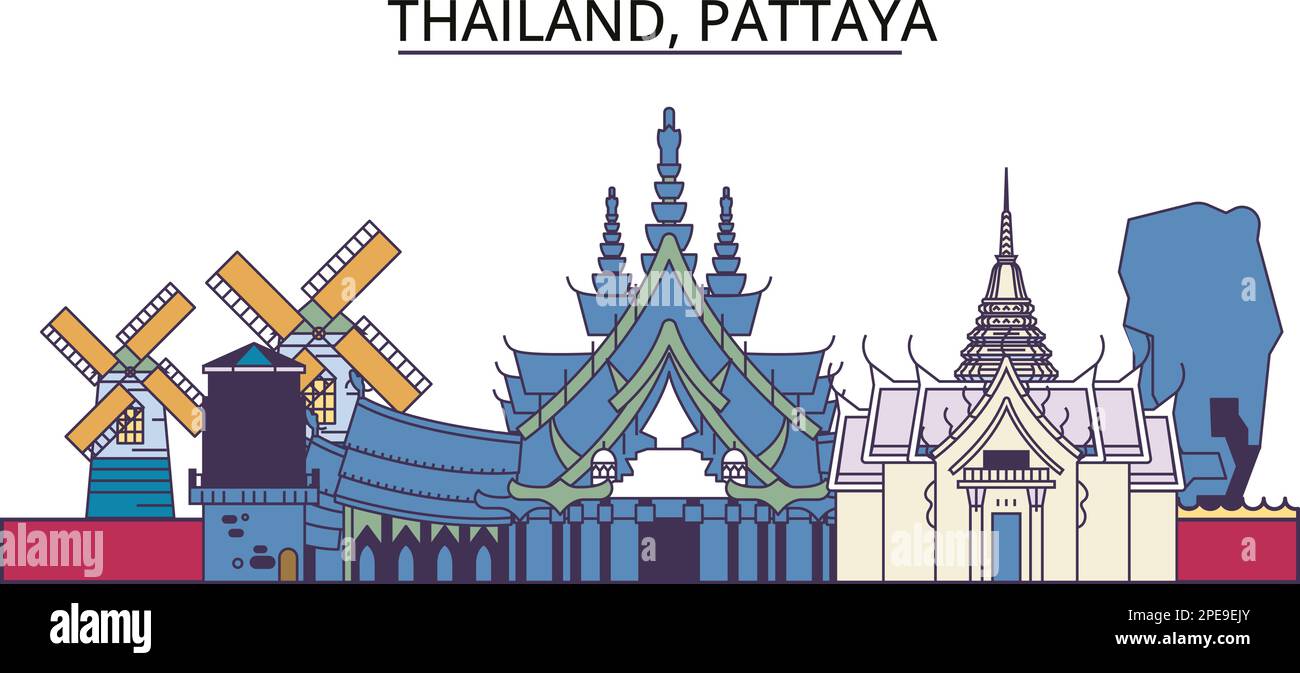Thailand, Pattaya tourism landmarks, vector city travel illustration ...