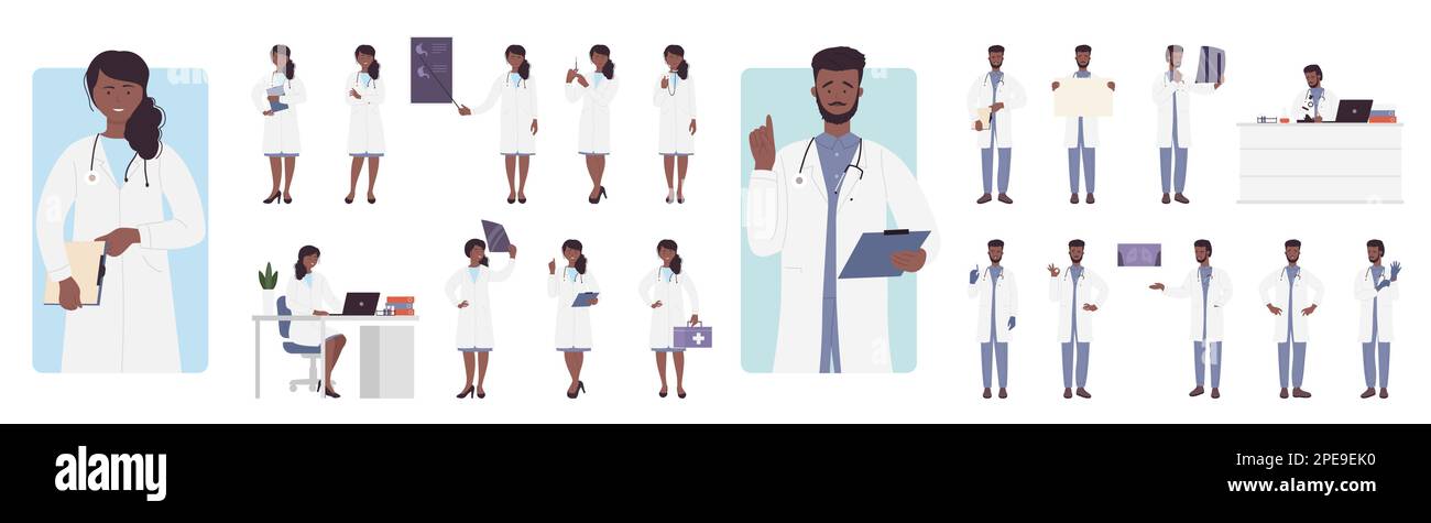 Cartoon isolated dark skin female male characters with stethoscope ...