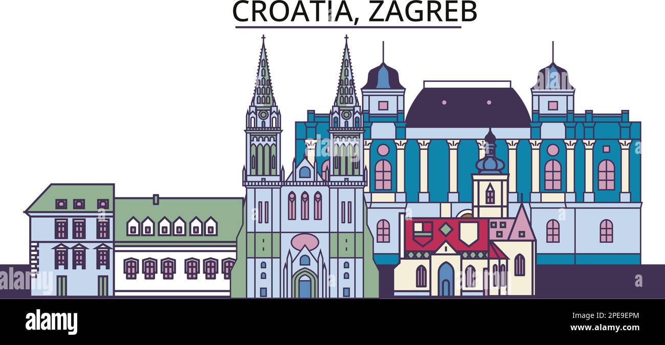 Croatia, Zagreb tourism landmarks, vector city travel illustration ...