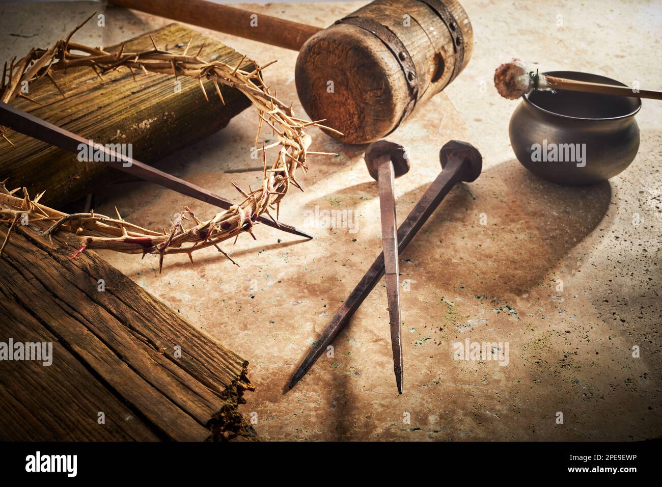 Crucifixion Of Jesus Christ. Cross With three Nails And Crown Of Thorns on ground Stock Photo ...