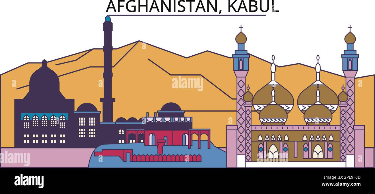 Afghanistan, Kabul tourism landmarks, vector city travel illustration ...