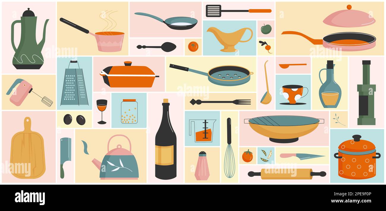 Cartoon chefs kitchenware collection with whisk pot pan ladle plate ...