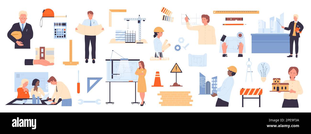 Architects job and projects set vector illustration. Cartoon engineers ...
