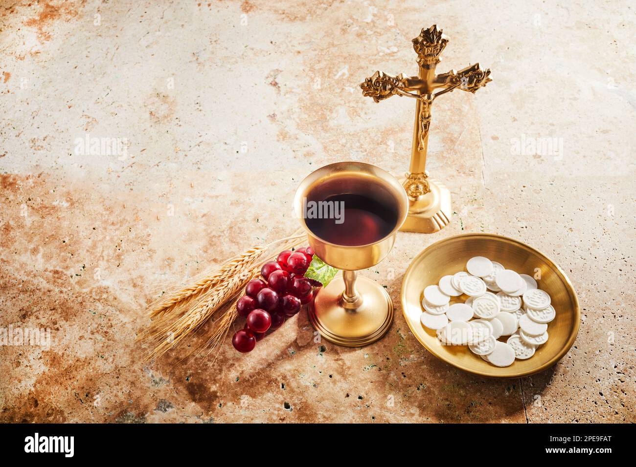 Easter Communion Still life with chalice of wine and bread Stock Photo ...