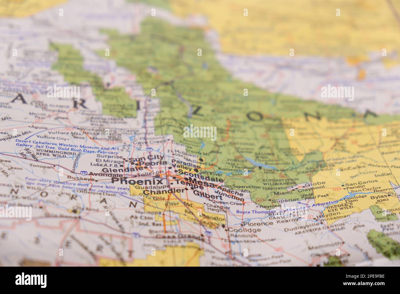 Close Up Detail Of A Colorful Map Focusing On Phoenix Arizona Through