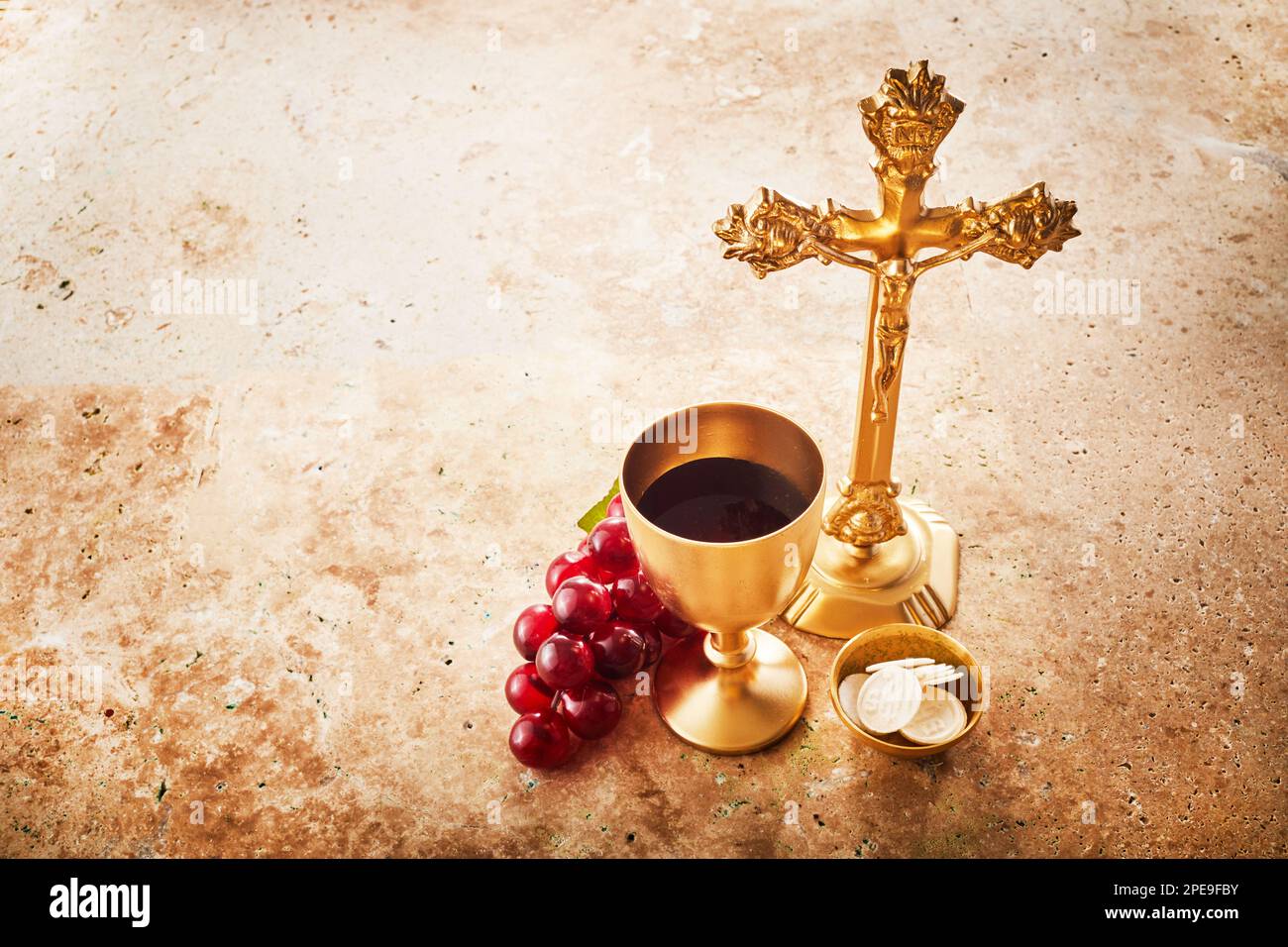 Easter Communion Still life with chalice of wine and bread Stock Photo ...