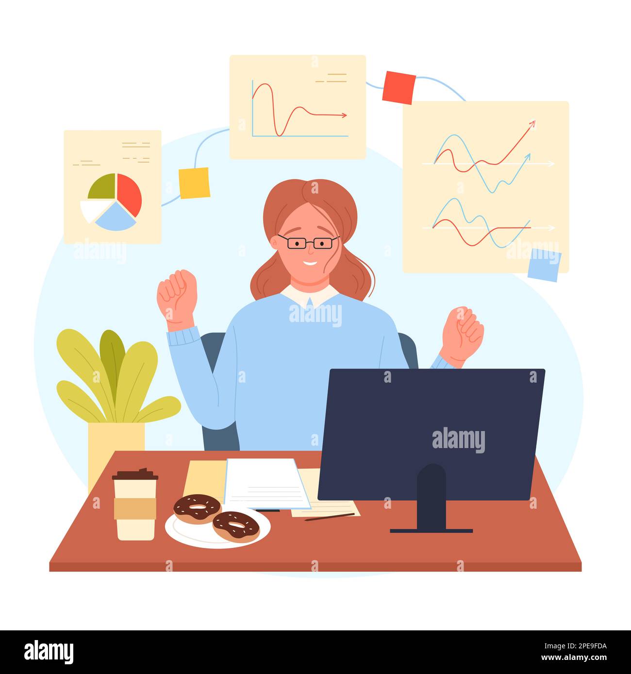 Success achievement of happy female employee vector illustration. Cartoon young woman working at ...