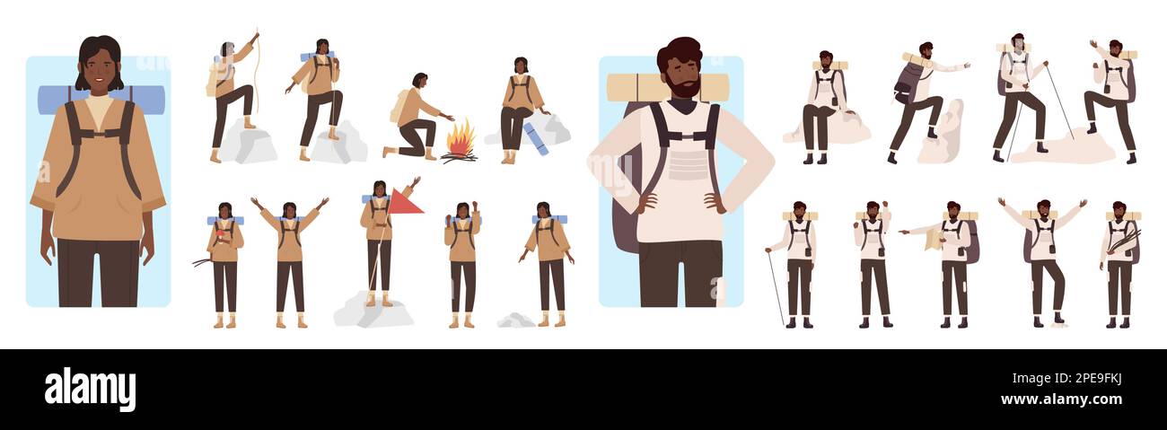Cartoon dark skin man woman separated travelers hiking, camping ...