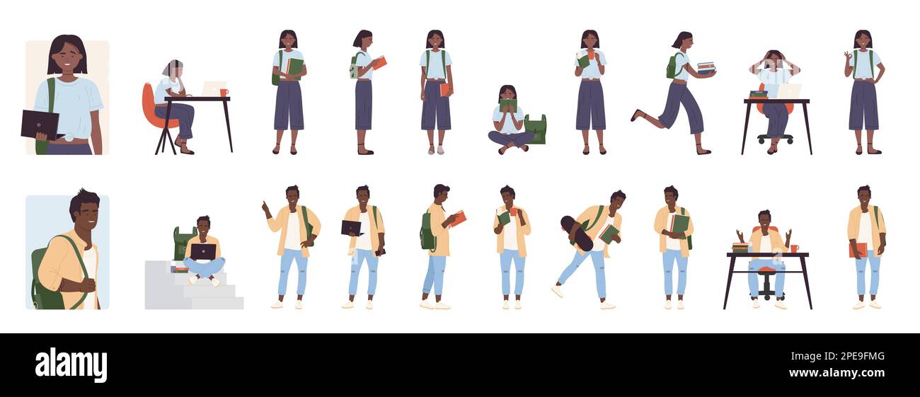 Cartoon student dark skin male female holding coffee cup, posing with ...