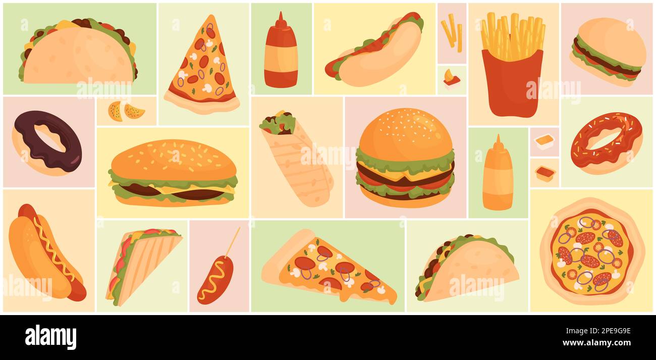 Cartoon unhealthy fastfood snacks menu collection with shawarma burger ...