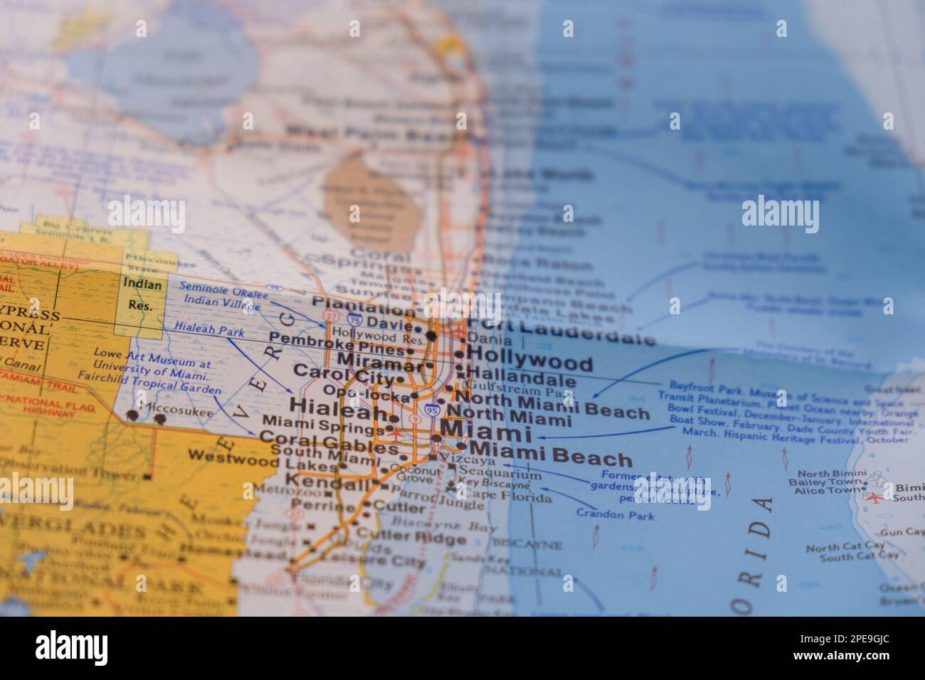 Close up detail of colorful map highlighting Miami, Florida through ...