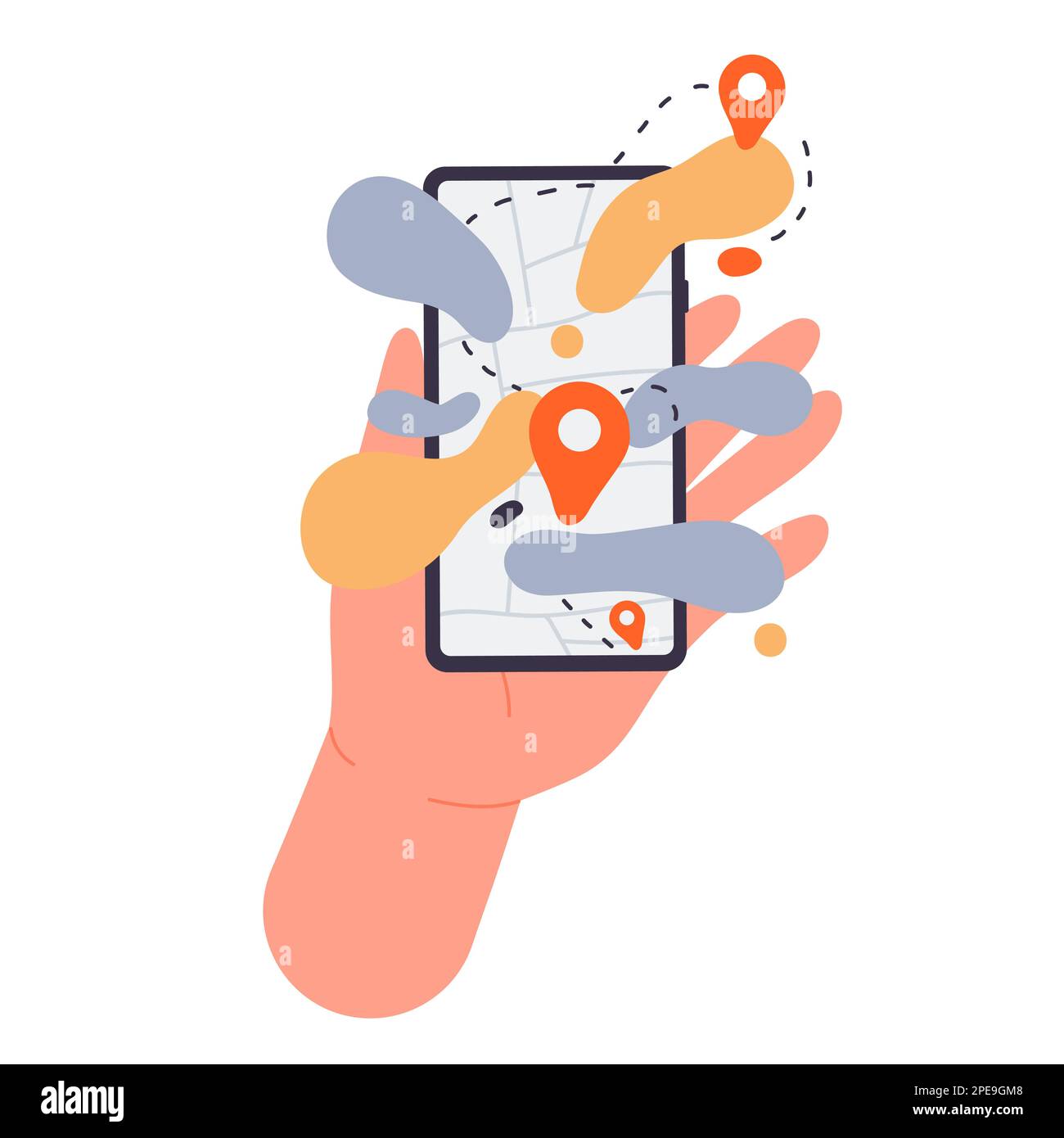 Phone in hand with gps location. Mobile screen with open gps navigator vector illustration Stock ...