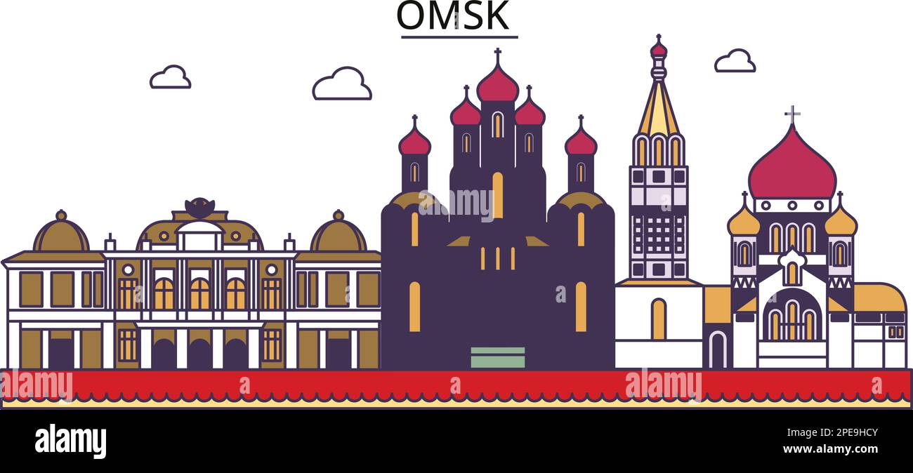 Russia, Omsk tourism landmarks, vector city travel illustration Stock ...