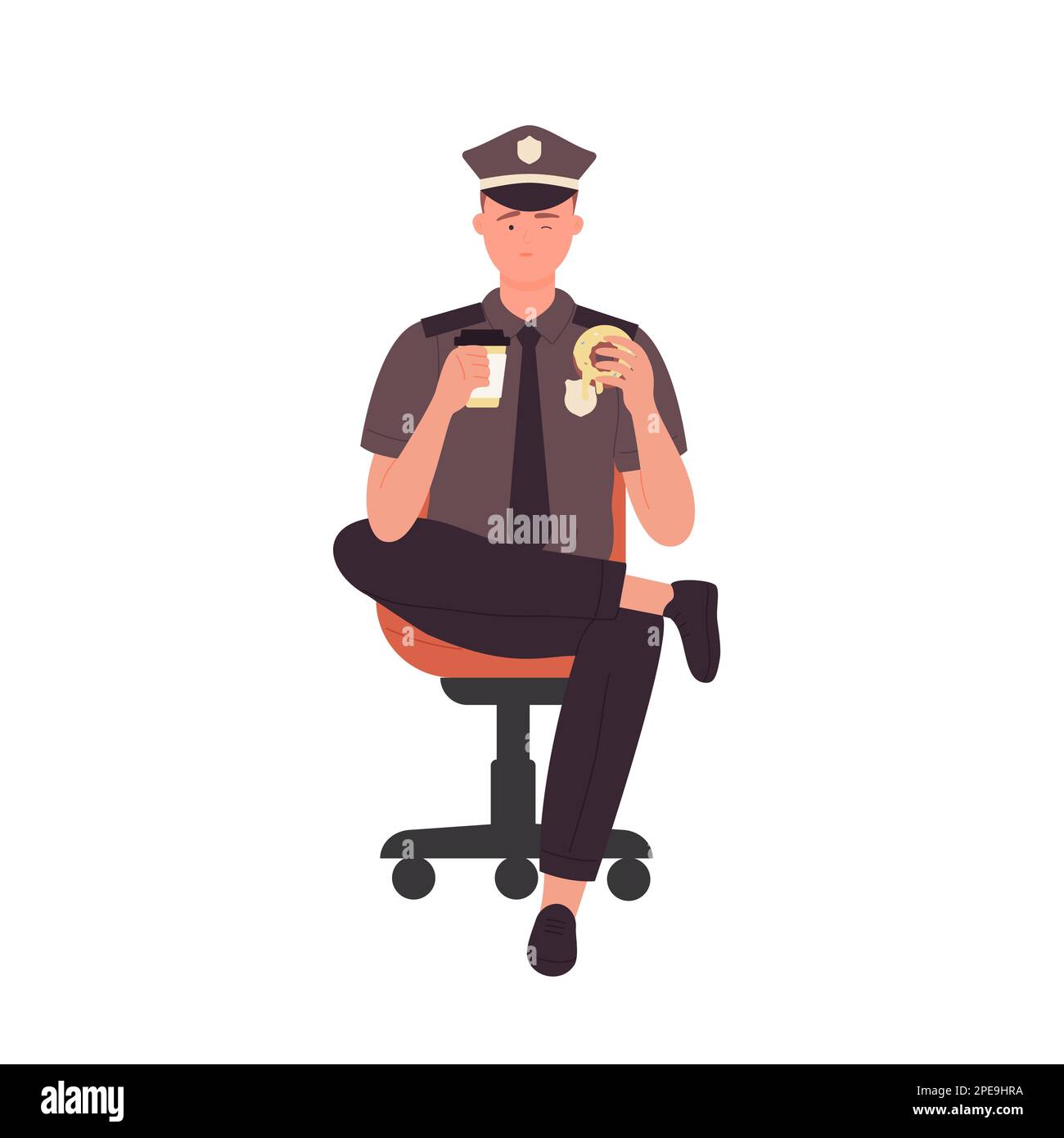 Policeman In Chair Having Lunch Eating Police Officer Coffee Break