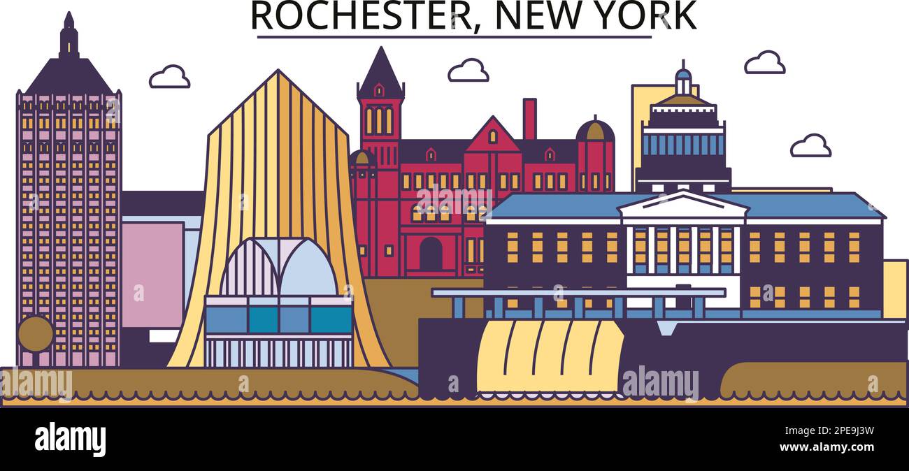 United States, New York Rochester tourism landmarks, vector city travel ...
