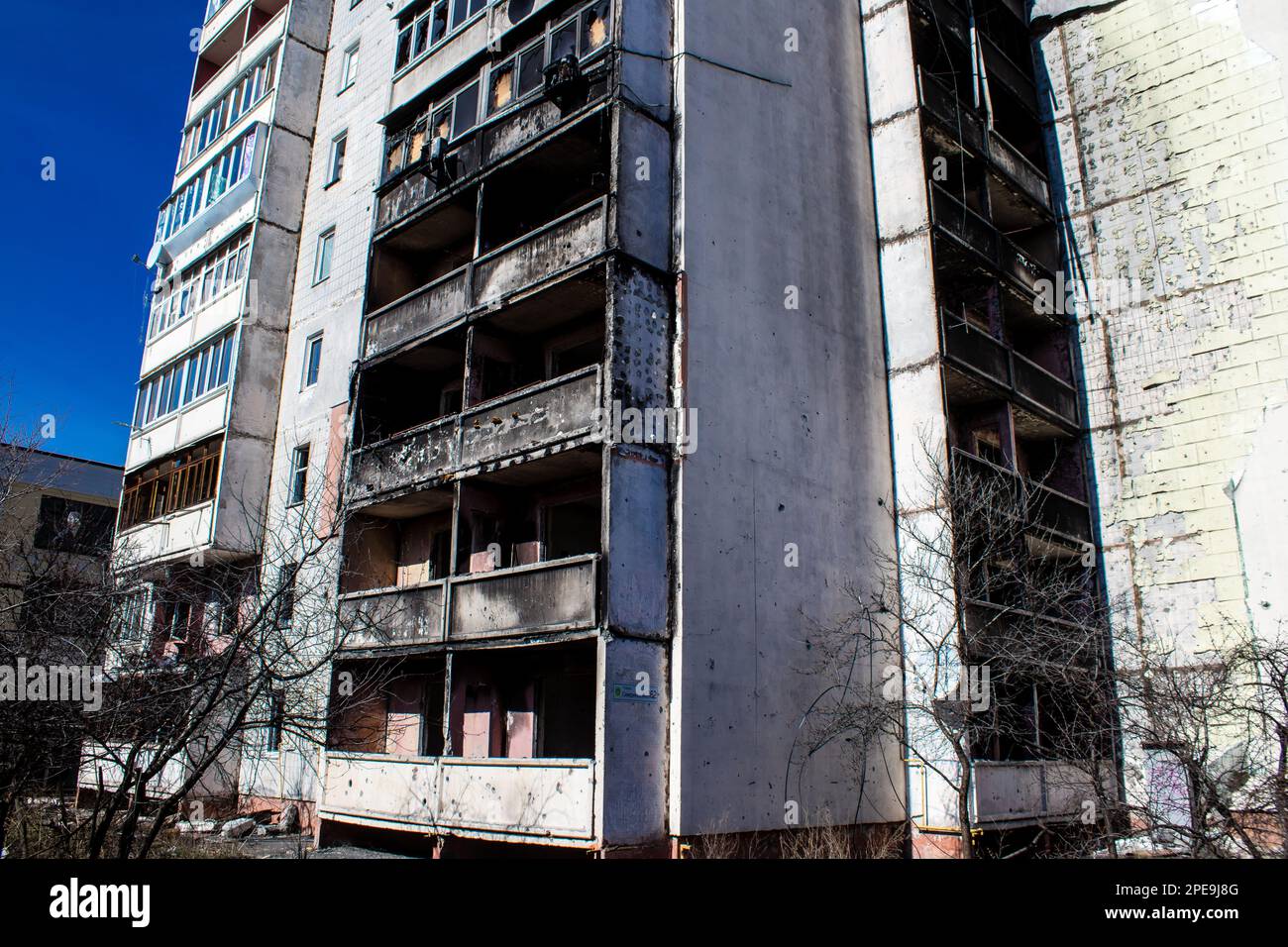 Facade of a building that burned down following artillery fire. Most ...