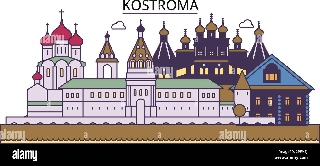 Russia, Kostroma tourism landmarks, vector city travel illustration ...
