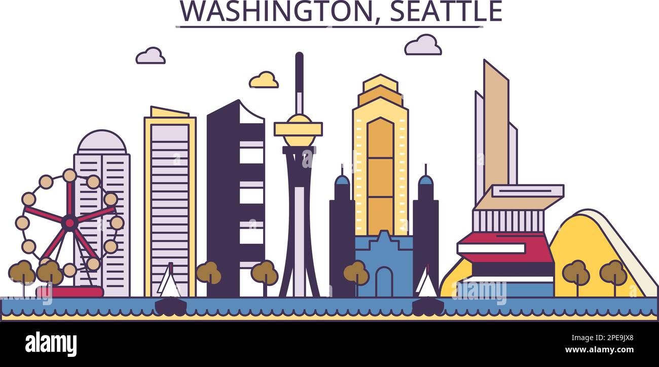 United States, Seattle tourism landmarks, vector city travel ...