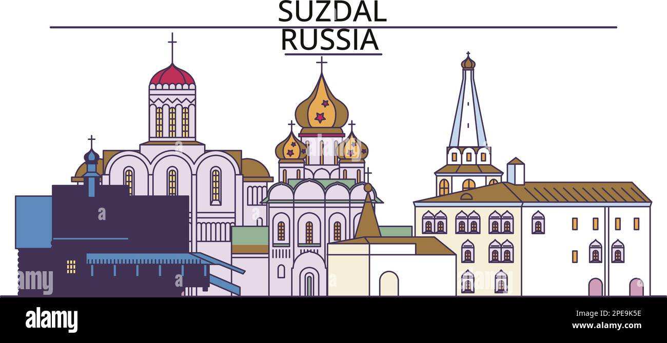 Russia, Suzdal City tourism landmarks, vector city travel illustration ...