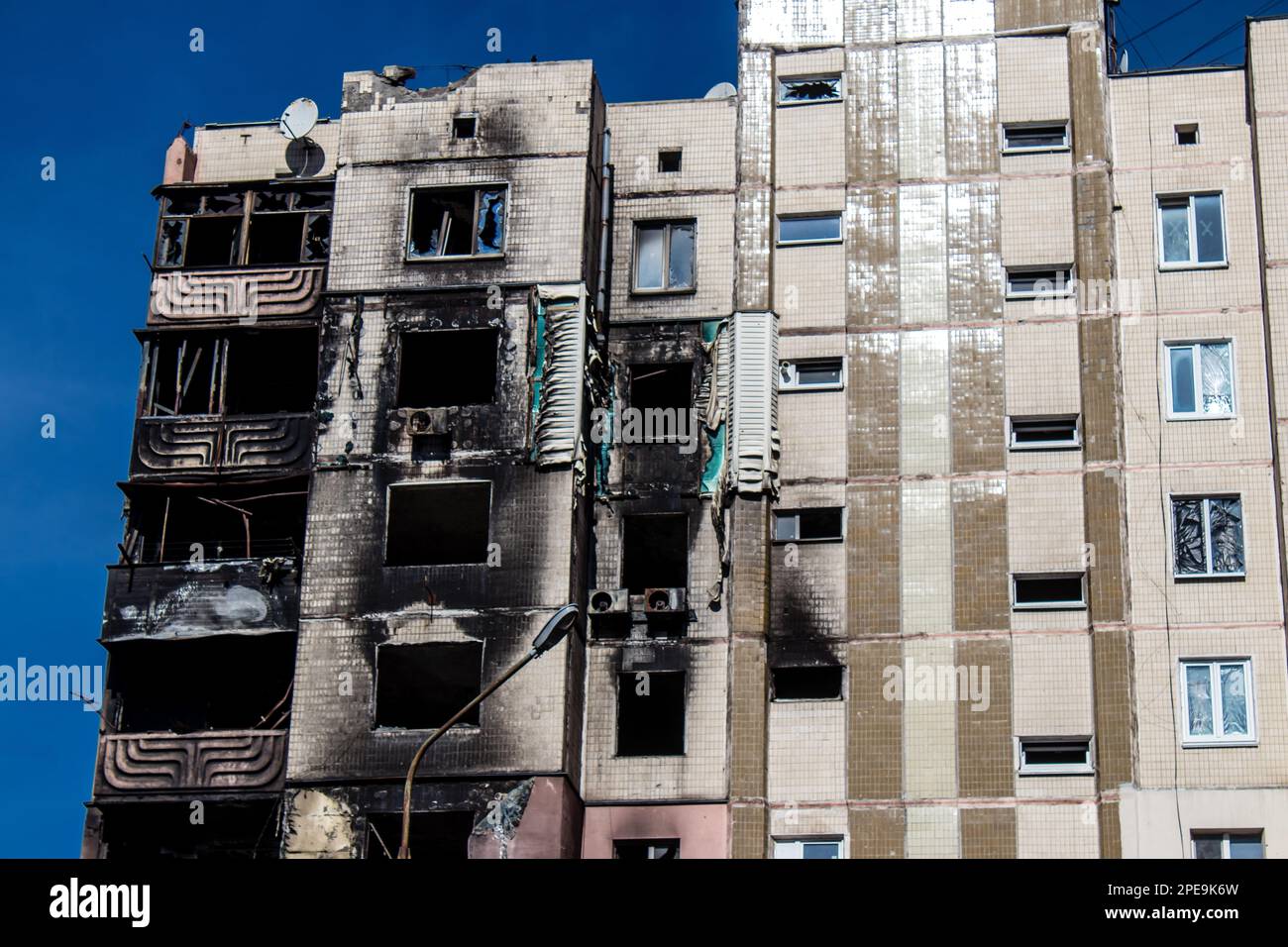 Facade of a building that burned down following artillery fire. Most ...