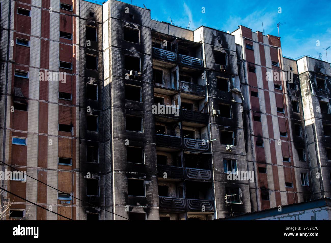 Facade of a building that burned down following artillery fire. Most ...