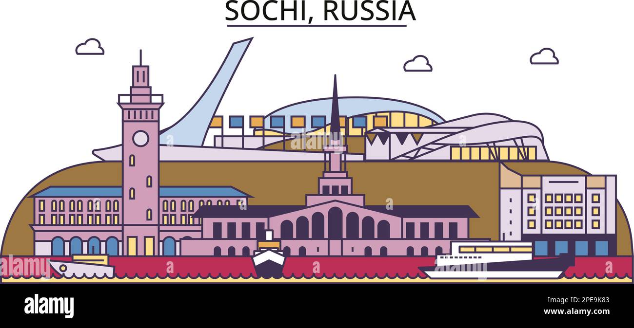 Russia, Sochi tourism landmarks, vector city travel illustration Stock ...