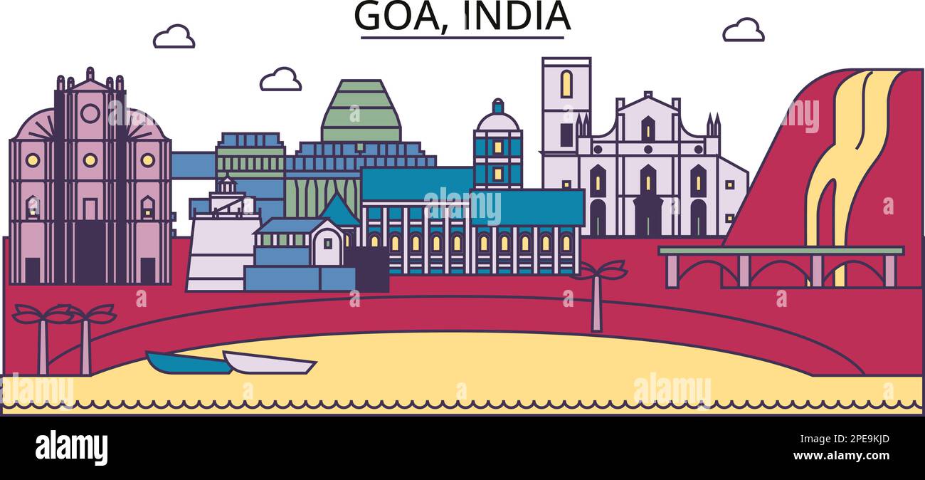 India, Goa tourism landmarks, vector city travel illustration Stock ...