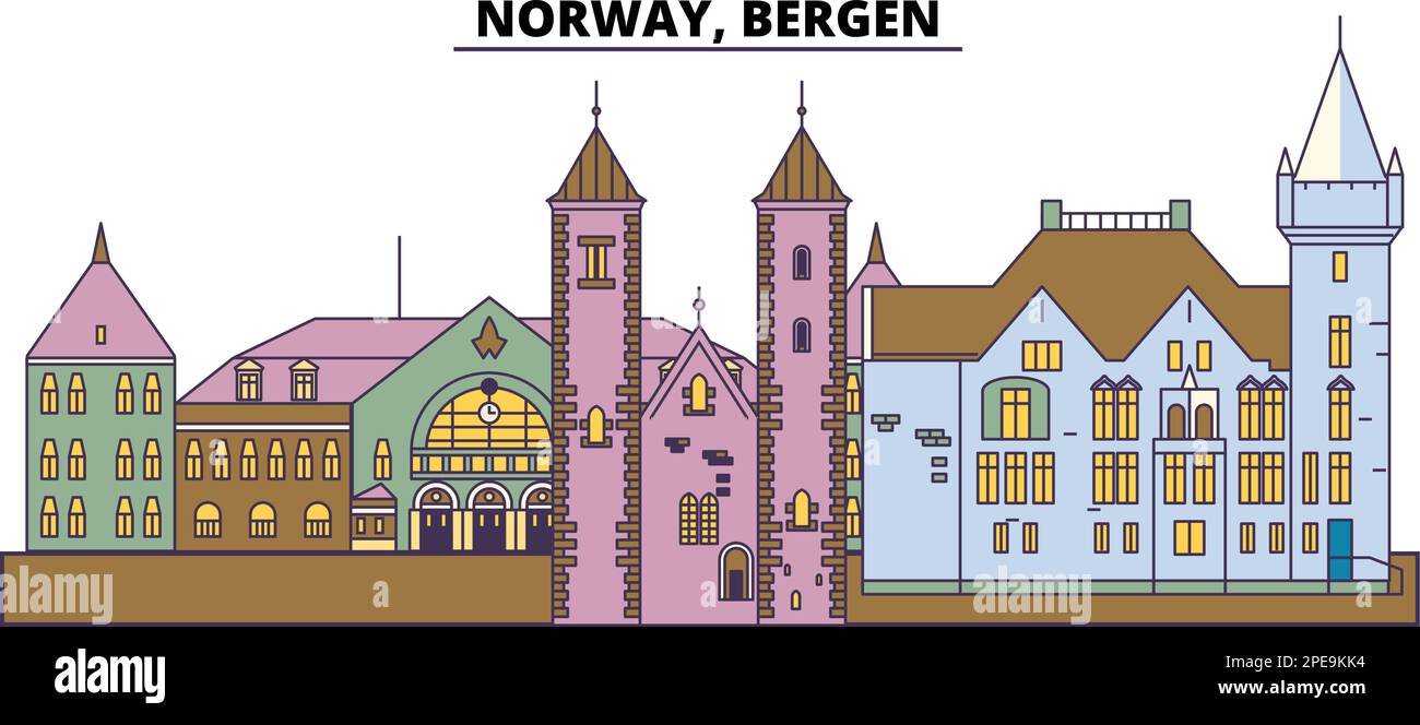 Norway, Bergen tourism landmarks, vector city travel illustration Stock ...