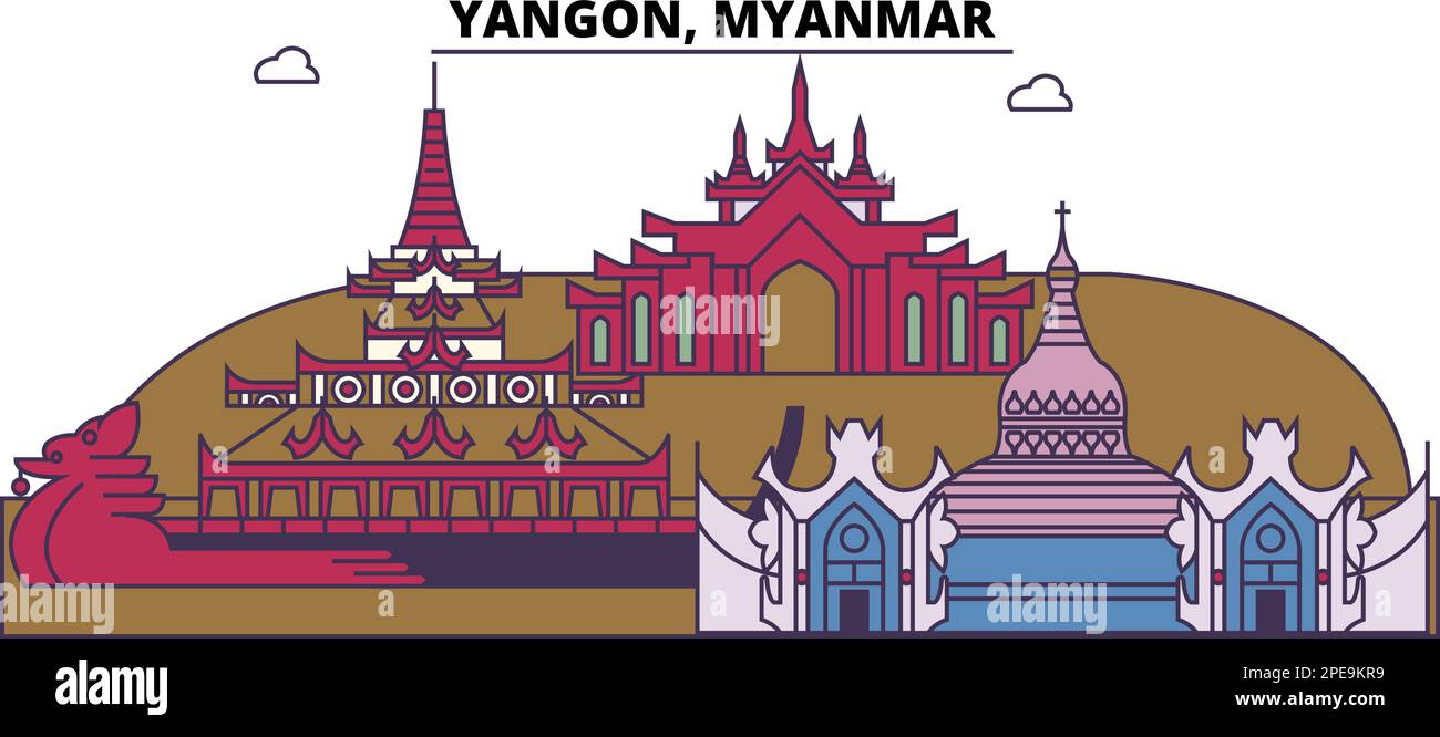 Myanmar, Yangon tourism landmarks, vector city travel illustration ...