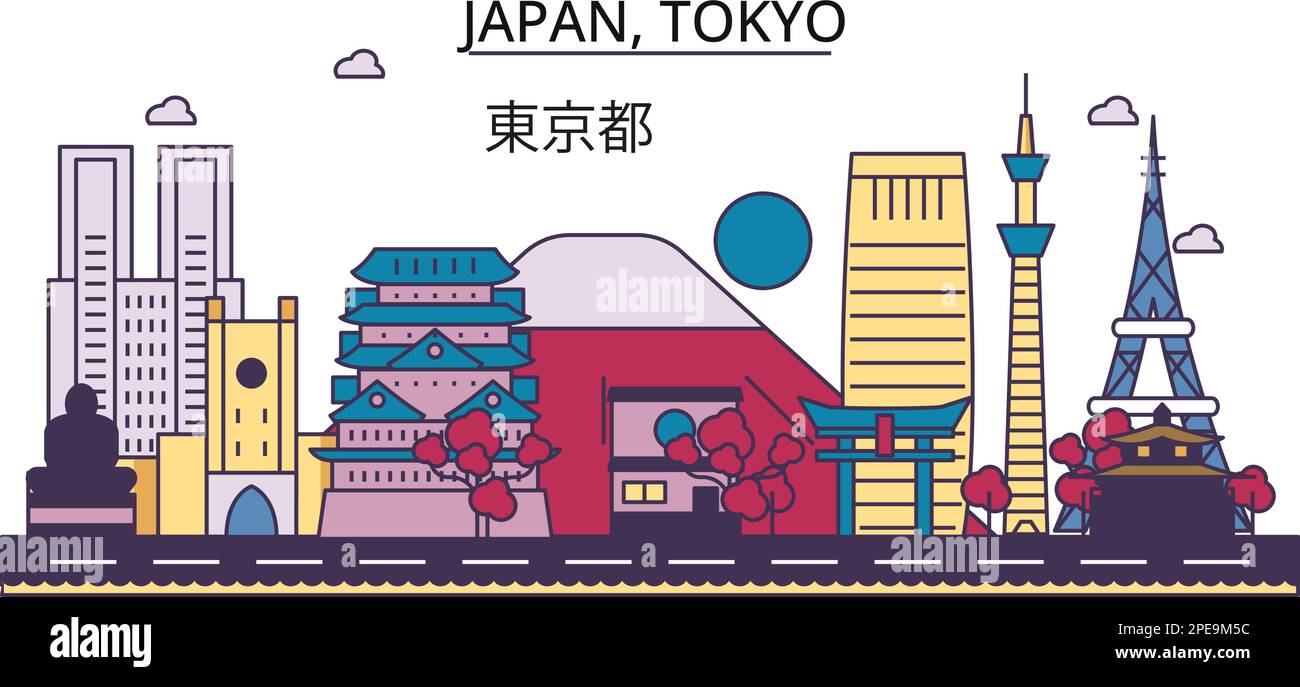 Japan, Tokyo tourism landmarks, vector city travel illustration Stock ...