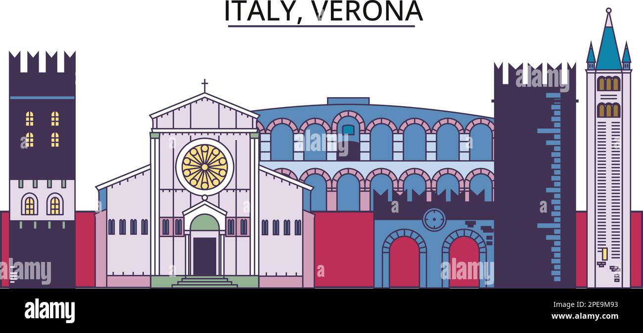 Italy, Verona tourism landmarks, vector city travel illustration Stock ...