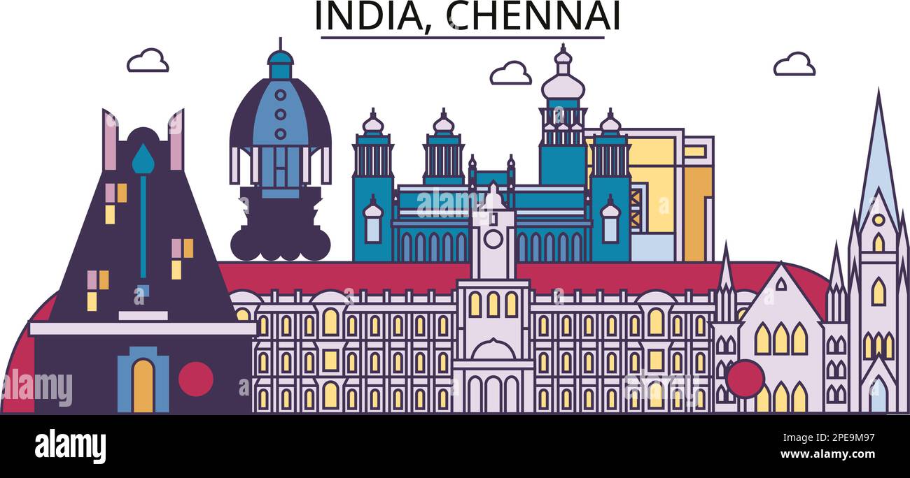 India, Chennai tourism landmarks, vector city travel illustration Stock ...