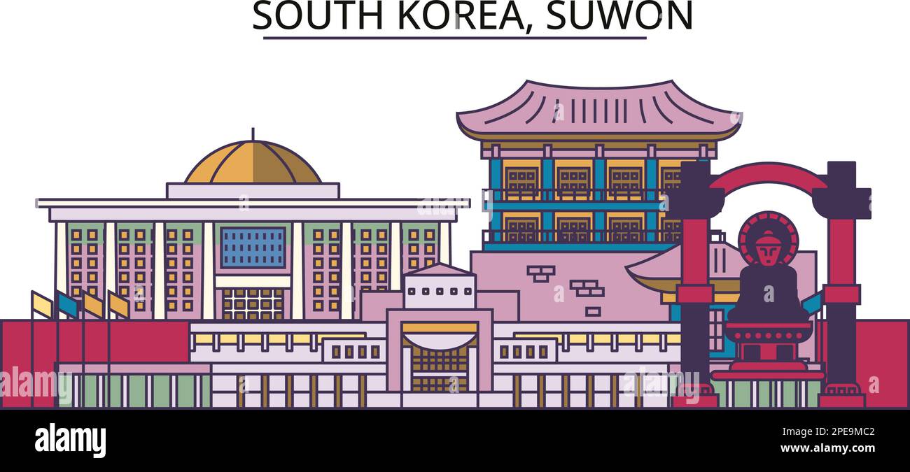 South Korea, Suwon tourism landmarks, vector city travel illustration ...