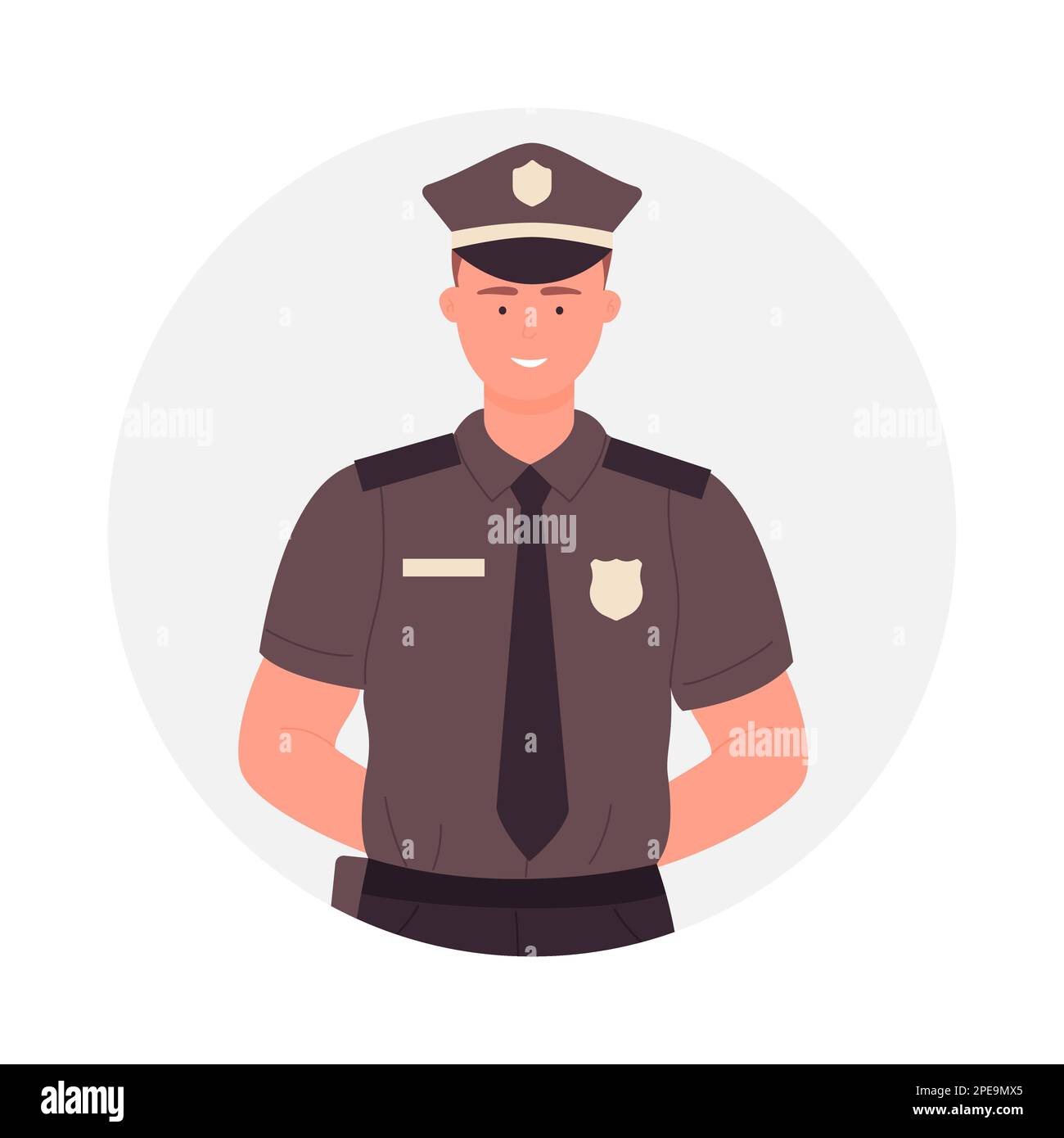 Policeman with hands behind back. Smiling young police worker vector ...