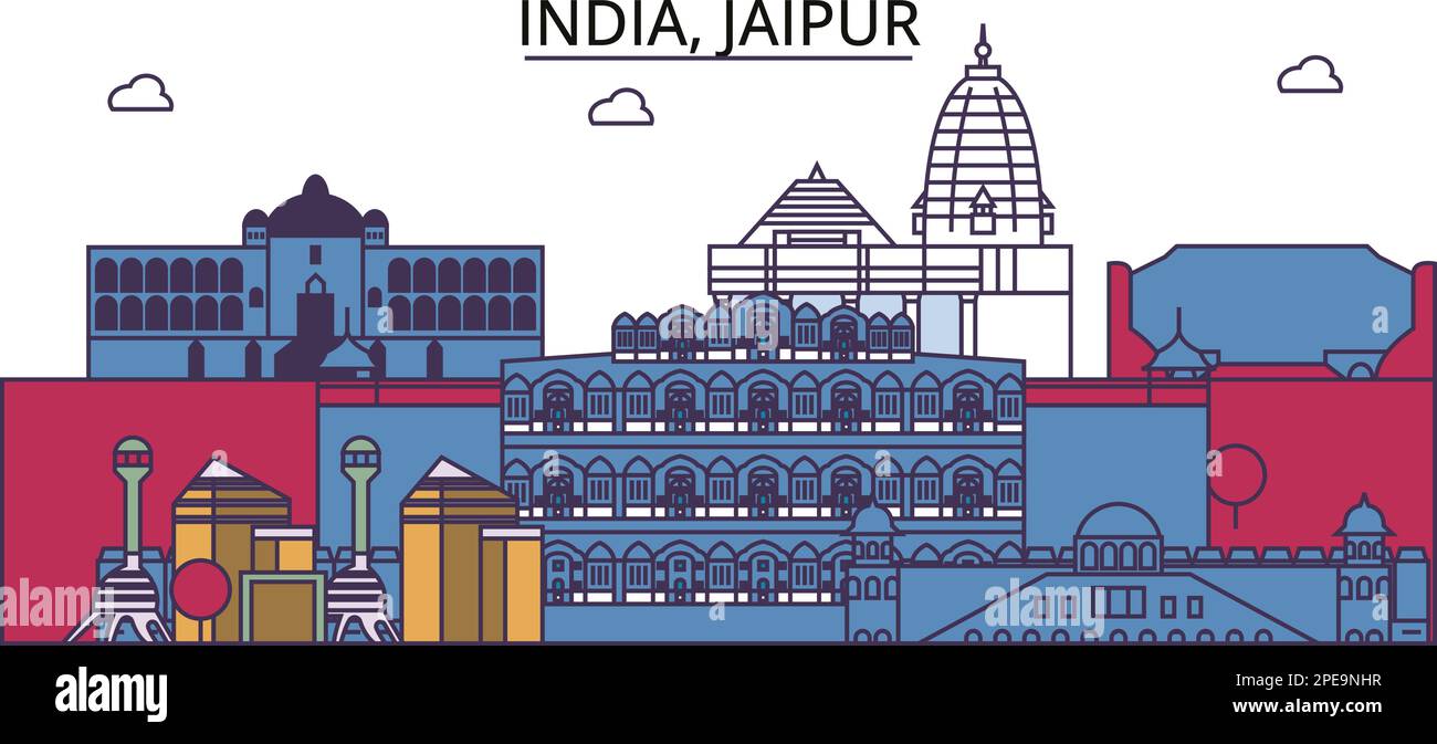 India, Jaipur tourism landmarks, vector city travel illustration Stock ...