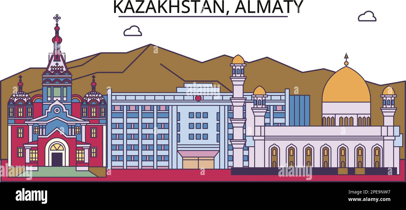 Kazakhstan, Almaty tourism landmarks, vector city travel illustration ...