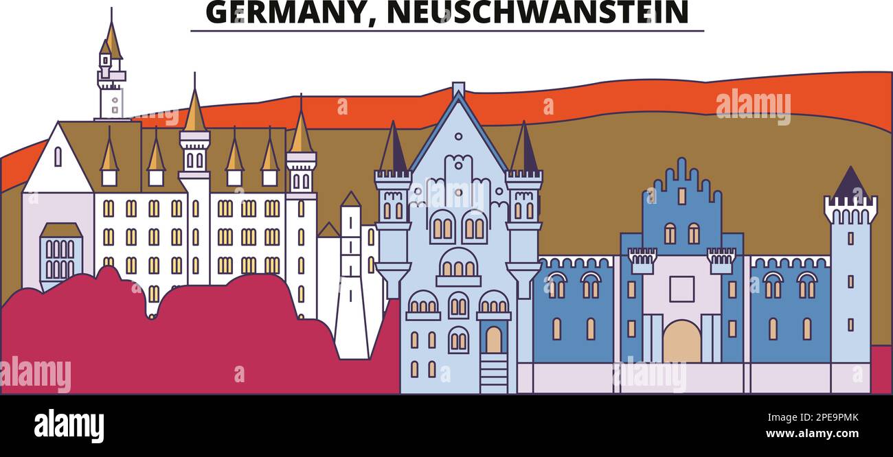 Germany, Neuschwanstein tourism landmarks, vector city travel ...