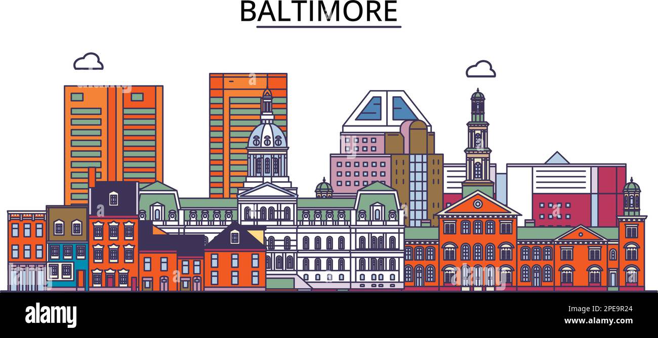 United States, Baltimore City tourism landmarks, vector city travel ...