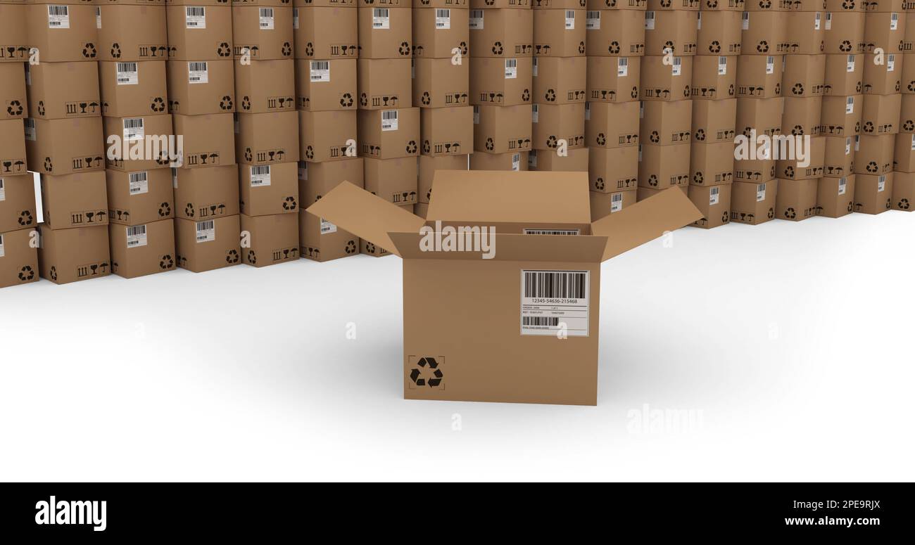 Composition of opened cardboard box over stack of boxes on white ...