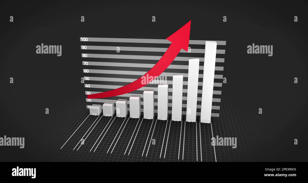 Composition of red arrow over statistics processing over black ...