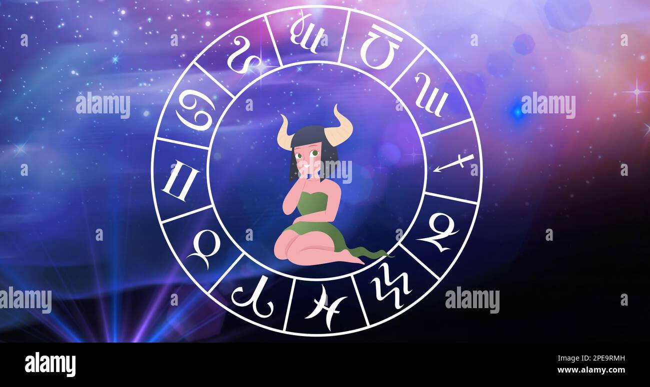 Composition of taurus star sign and zodiac wheel over stars Stock Photo ...