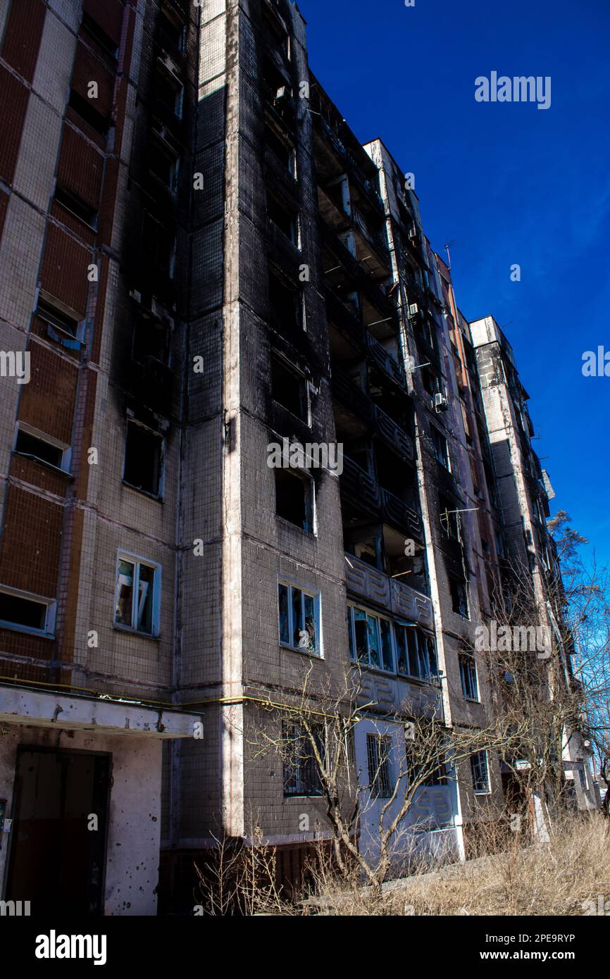 Facade of a building that burned down following artillery fire. Most ...