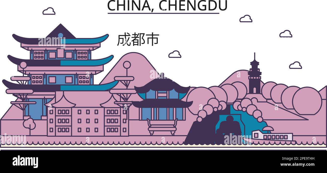 China, Chengdu tourism landmarks, vector city travel illustration Stock ...